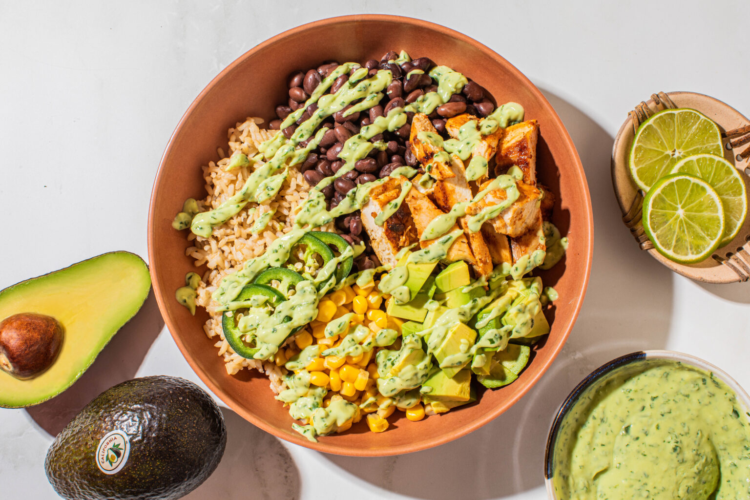 Chicken Avocado Burrito Bowls with Avocado Yogurt Cilantro Sauce ...